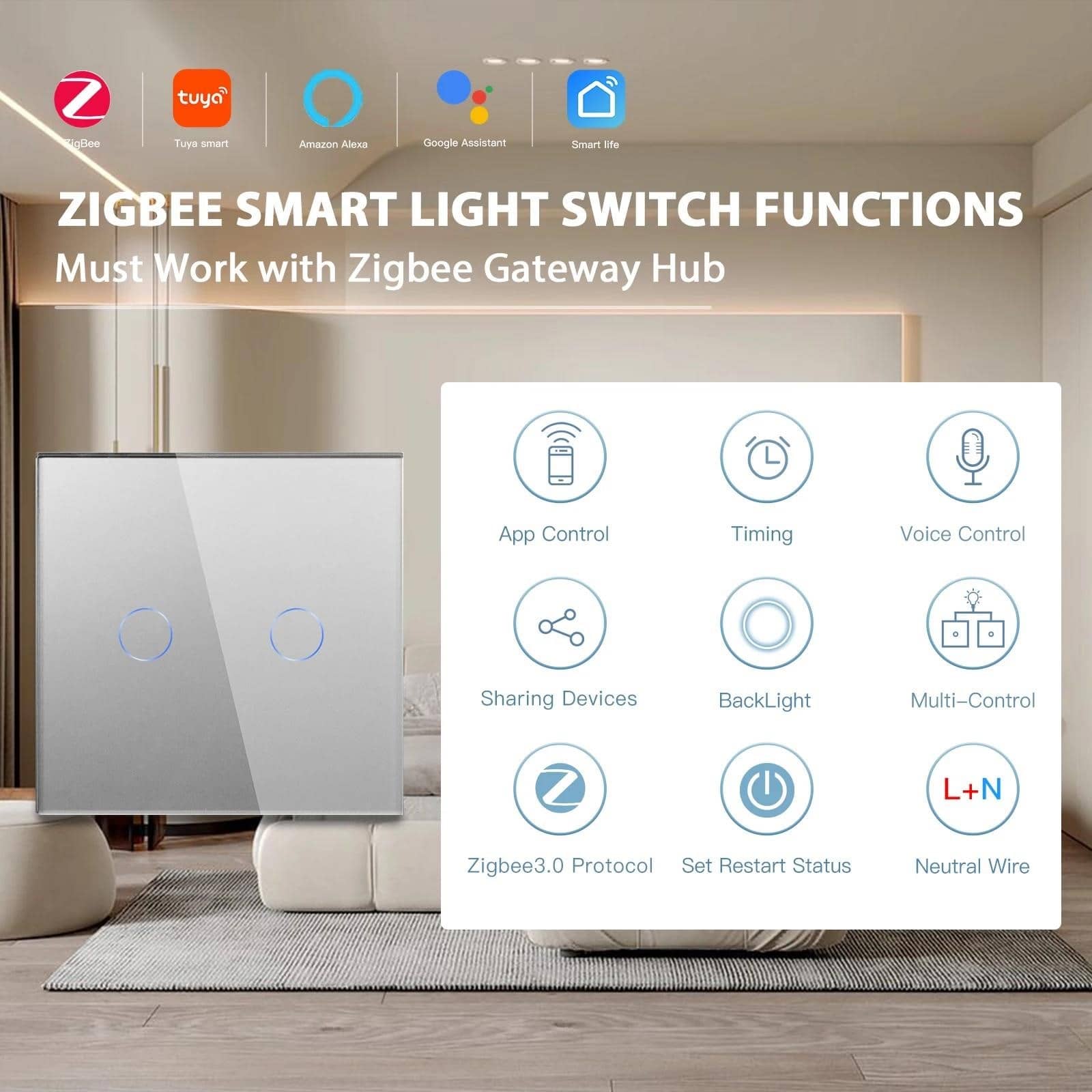 BSEED Zigbee Touch Switches 1/2/3Gang 1/2/3Way Smart Light Switch ...